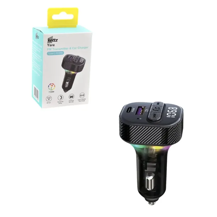 Kettz FM Transmiter i Punjač Yare – QC3.1 + Type-C PD30W, LED