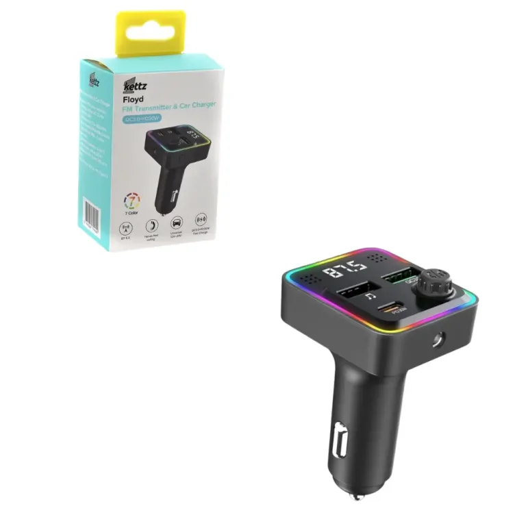 Kettz FM Transmiter i Punjač Floyd – 2×USB QC3.0 + Type-C PD30W, LED