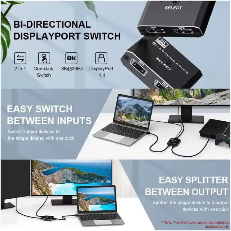 Kettz KT-DP201 Displayport Switch i Spliter V1.4 2in1 out 1in2 out
