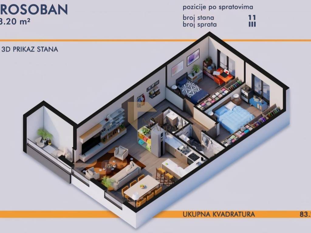 Trosobni stan novo, treći sprat, Kumodraž, Beograd