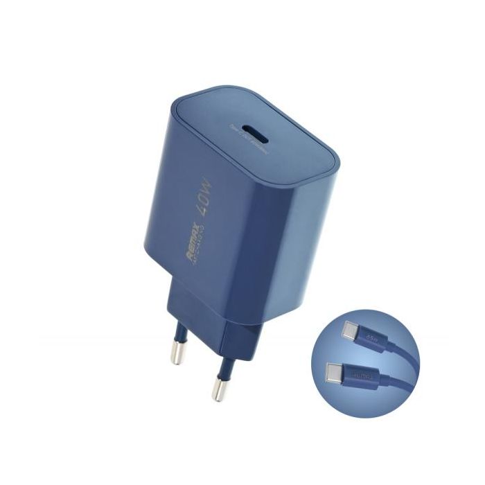 SET:Strujni punjac Huiying GaN 1XTIP C 40W+kabl TIP C CA10, plavi REMAX