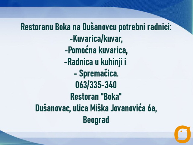 Restoranu Boka na Dušanovcu potrebni radnici