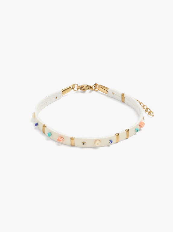 LEATHER-EFFECT BRACELET WITH STONES - STAINLESS STEEL