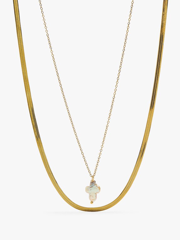 SET OF NECKLACES WITH CROSS AND FRESHWATER PEARL - STAINLESS STEEL