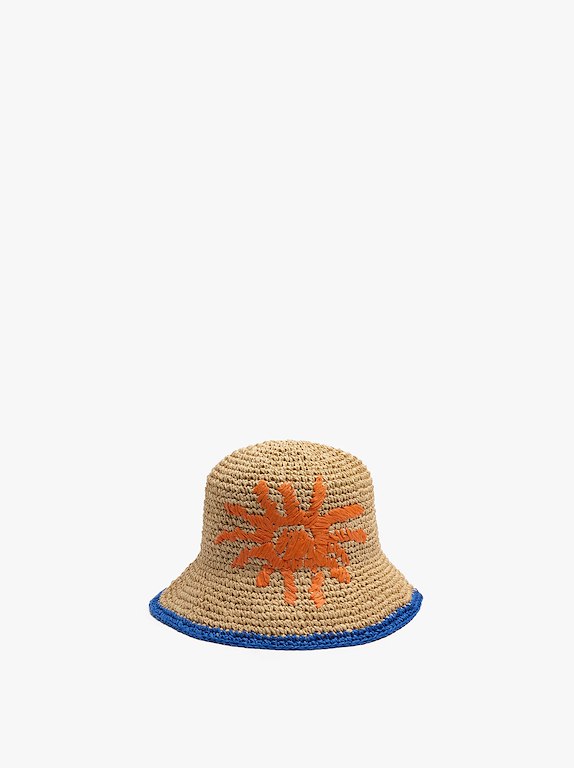 PAPER STRAW EFFECT BUCKET HAT SUN AND PALM