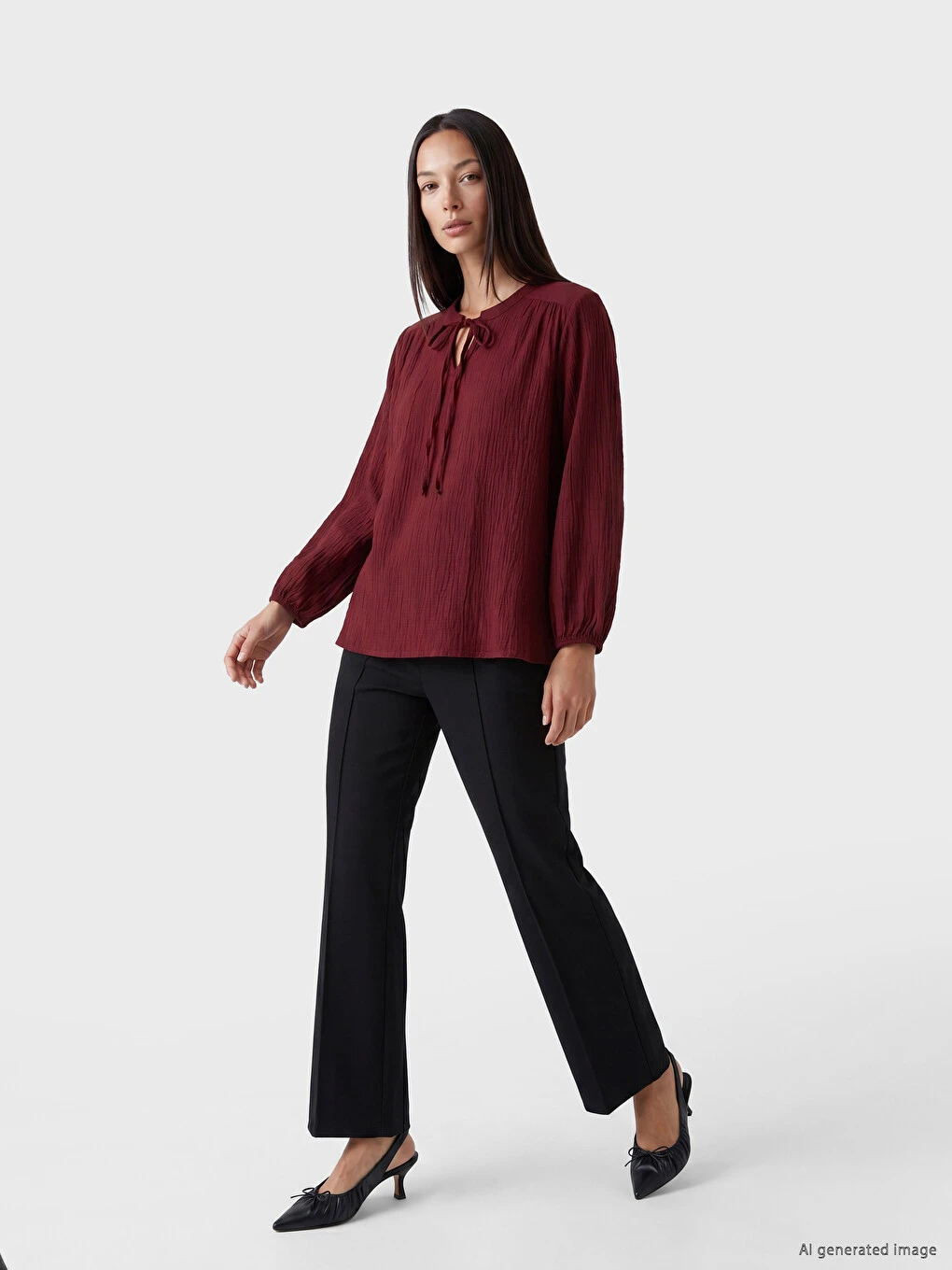 LCW EVERYDAY Bluza Sa Kragnom Na Vezanje, Naborena, Teksturirana