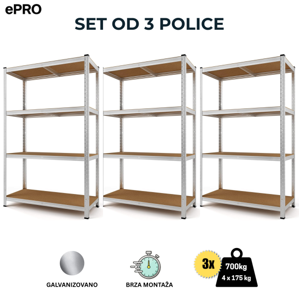 ePRO metalna montažna polica standard 150x70x30 SET 3 KOMADA , metal-drvo