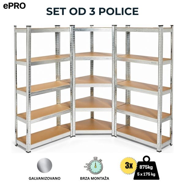 ePRO metalna montažna polica SET 1 kom ugaona 180x90x40 + 2 kom standard 180x90x40, metal-drvo