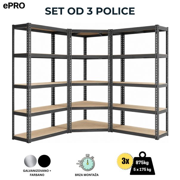 ePRO metalna montažna polica SET 1 kom ugaona 180x90x40 + 2 kom premium 180x90x40, metal-drvo