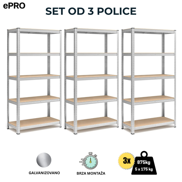 ePRO metalna montažna polica standard 180x120x45 SET 3 KOMADA, metal-drvo