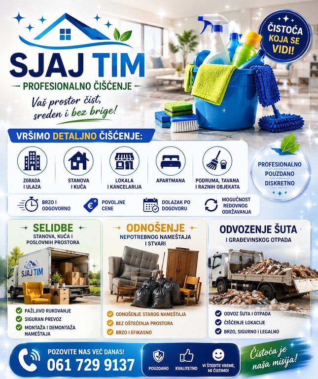 Kvalitetno čišćenje i redovno održavanje kao i selidbe i odvoženje šuta i nameštaja