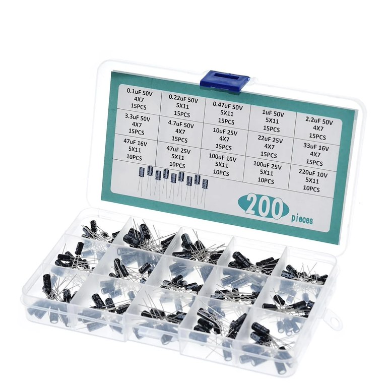 Set elektrolitskih kondenzatora 200 komada u kutiji (0.1uF - 220uF, 10V-50V)
