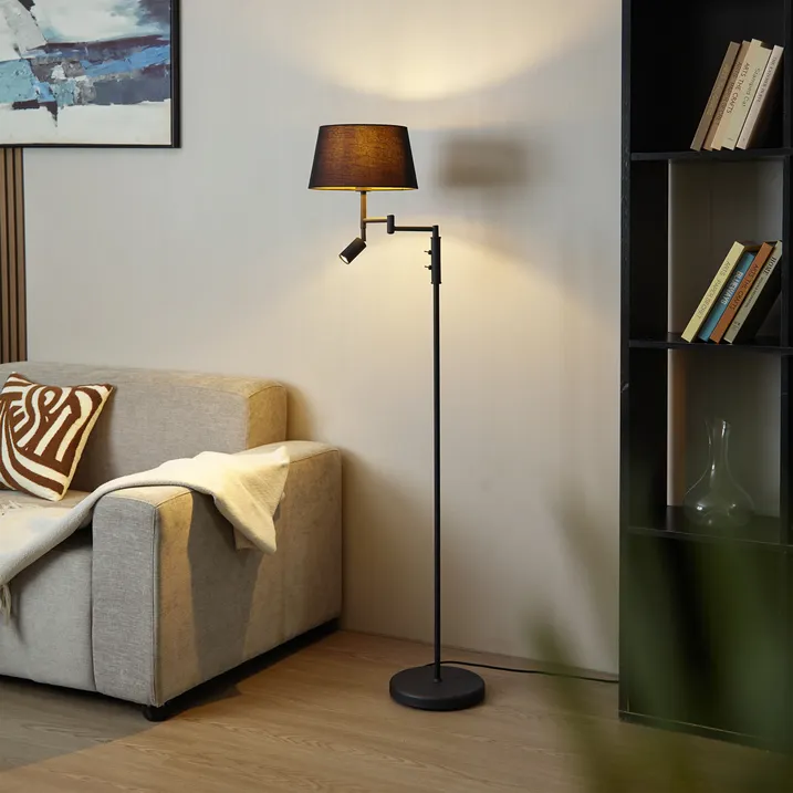 Podna lampa crna sa crnim abažurom i podesivom lampom za čitanje - Ladas