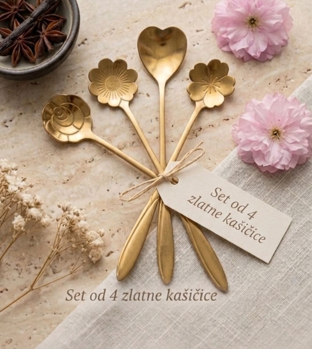 Set od 4 zlatne kašičice Elegantne dekorativne kašičice u zlatnoj