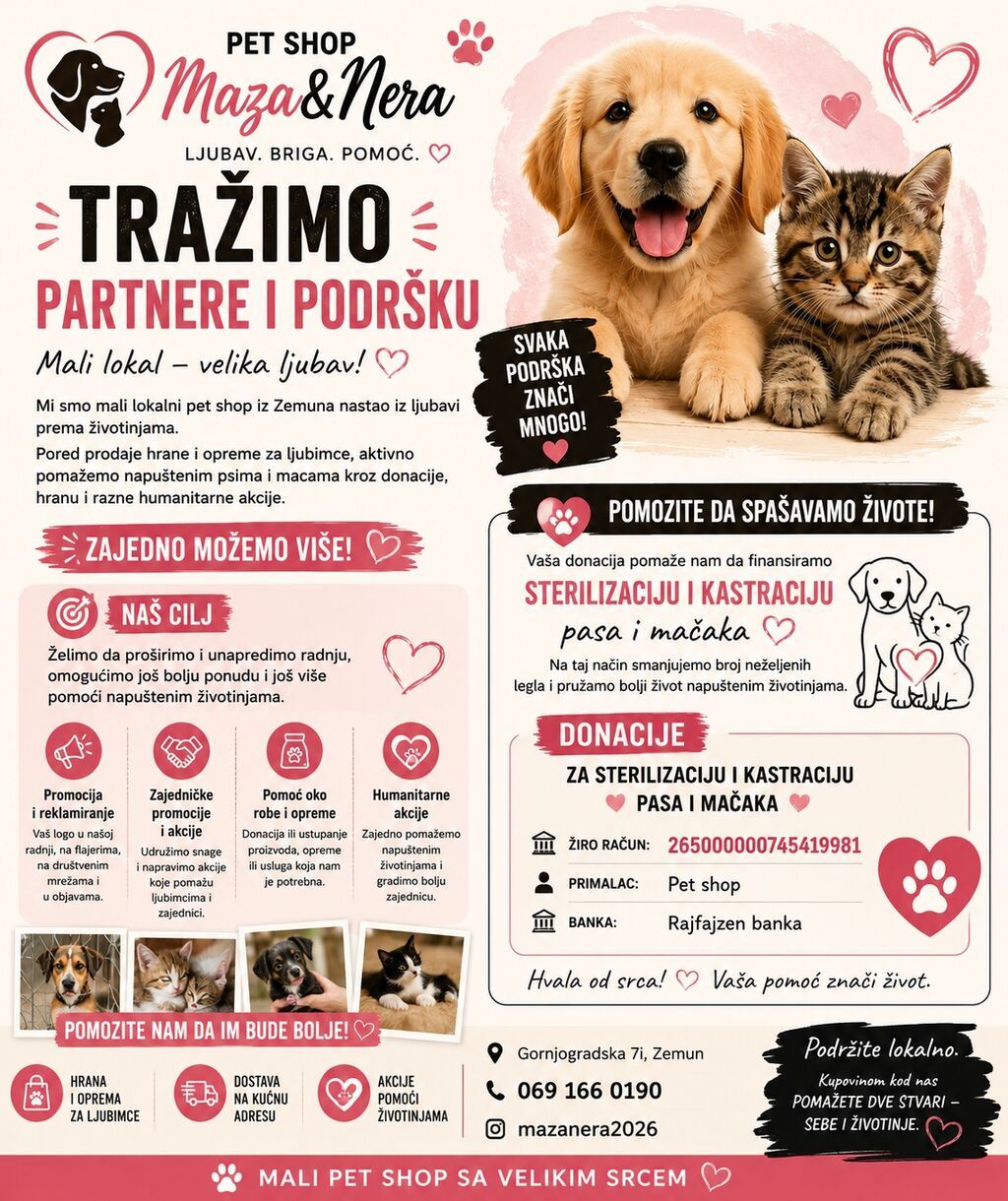 PET SHOP Maza & Nera – Ljubav. Briga. Pomoć. Tražimo partnere i