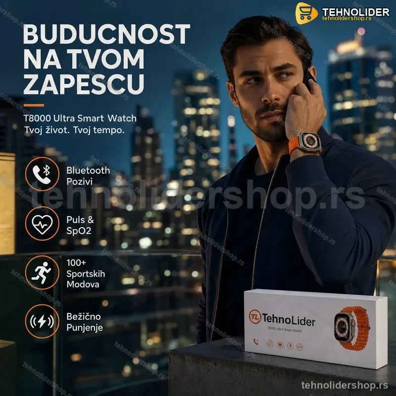Pametni Sat T8000 Ultra – Bluetooth Pozivi, Praćenje Zdravlja i Bežično Punjenje