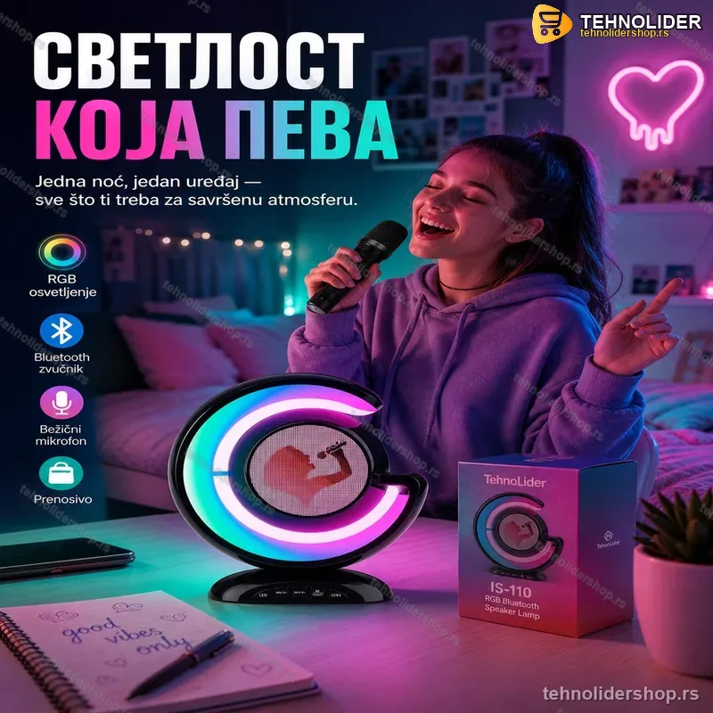 Pametna RGB Lampa sa Bluetooth Zvučnikom, Mikrofonom i Punjačem – IS-110