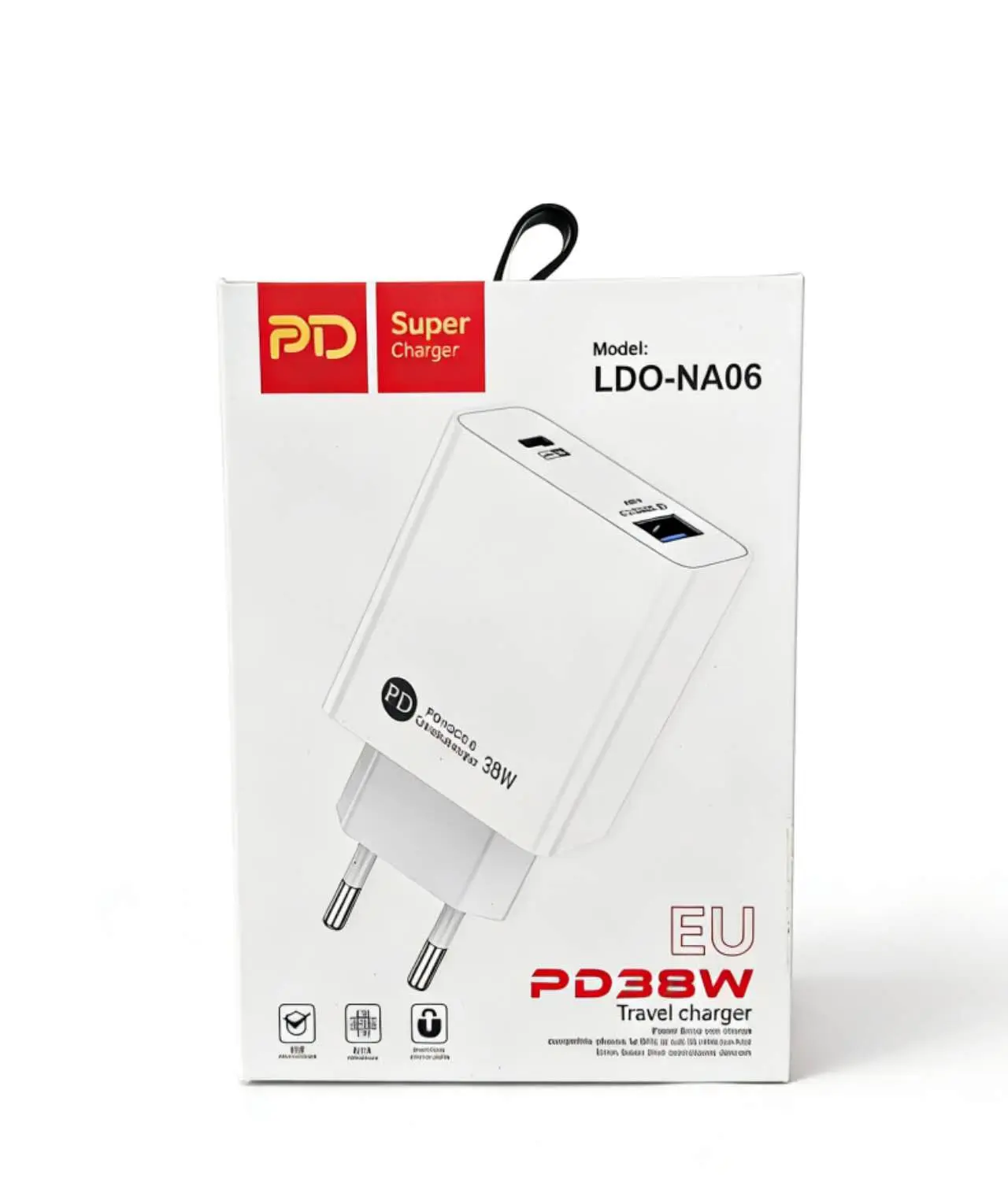 PD Brzi USB punjač za telefon, 38 W, USB + Type-C, EU adapter, Beli