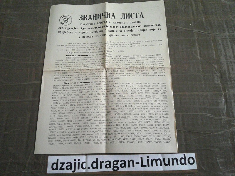 Zvanična lista izvučenih brojeva i njihovih zgoditaka