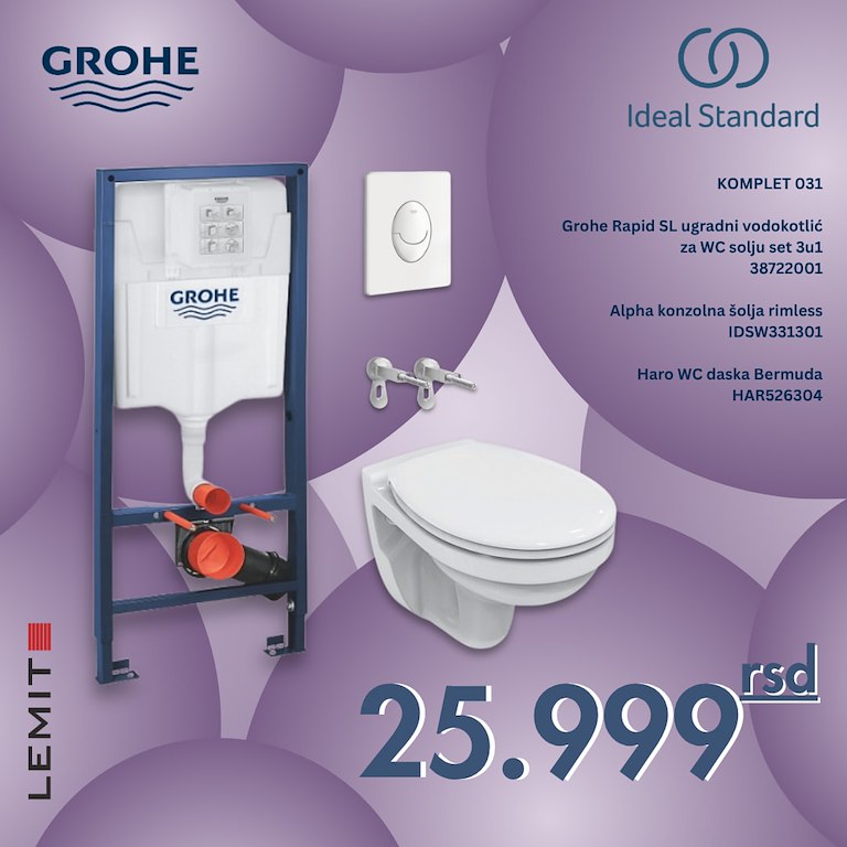 Komplet Grohe vodokotlić 3u1 sa Ideal standard wc šoljom i Haro daskom