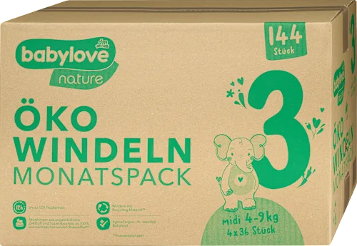 babylove
nature pelene, veličina 3 midi (4-9 kg), mesečno pakovanje: 4 x 36 kom., 144 kom