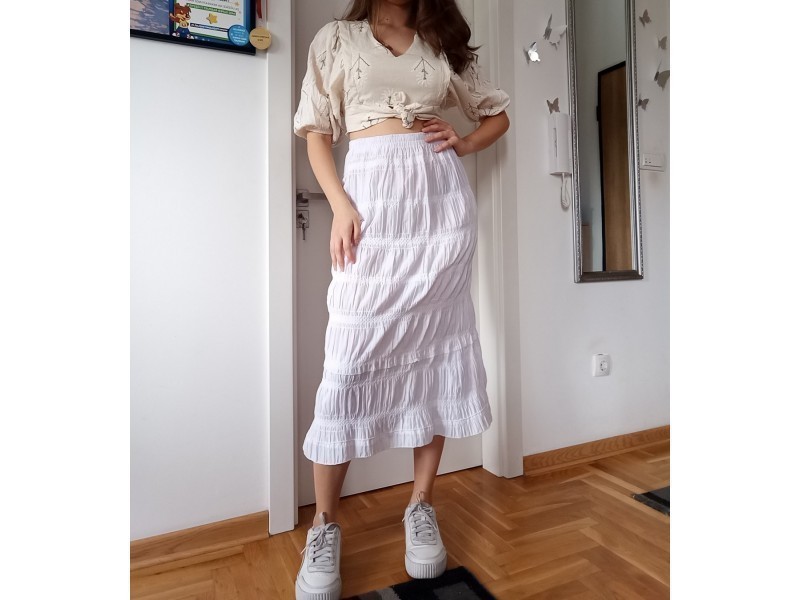Bela BOHO midi suknja - rastegljiv struk uni-XL