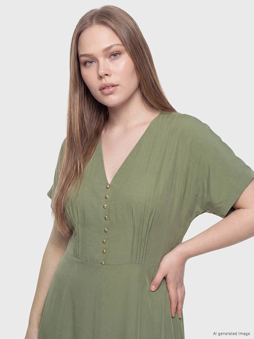 LCWAIKIKI Curve Plus Size Haljina Sa Faltama I V Izrezom