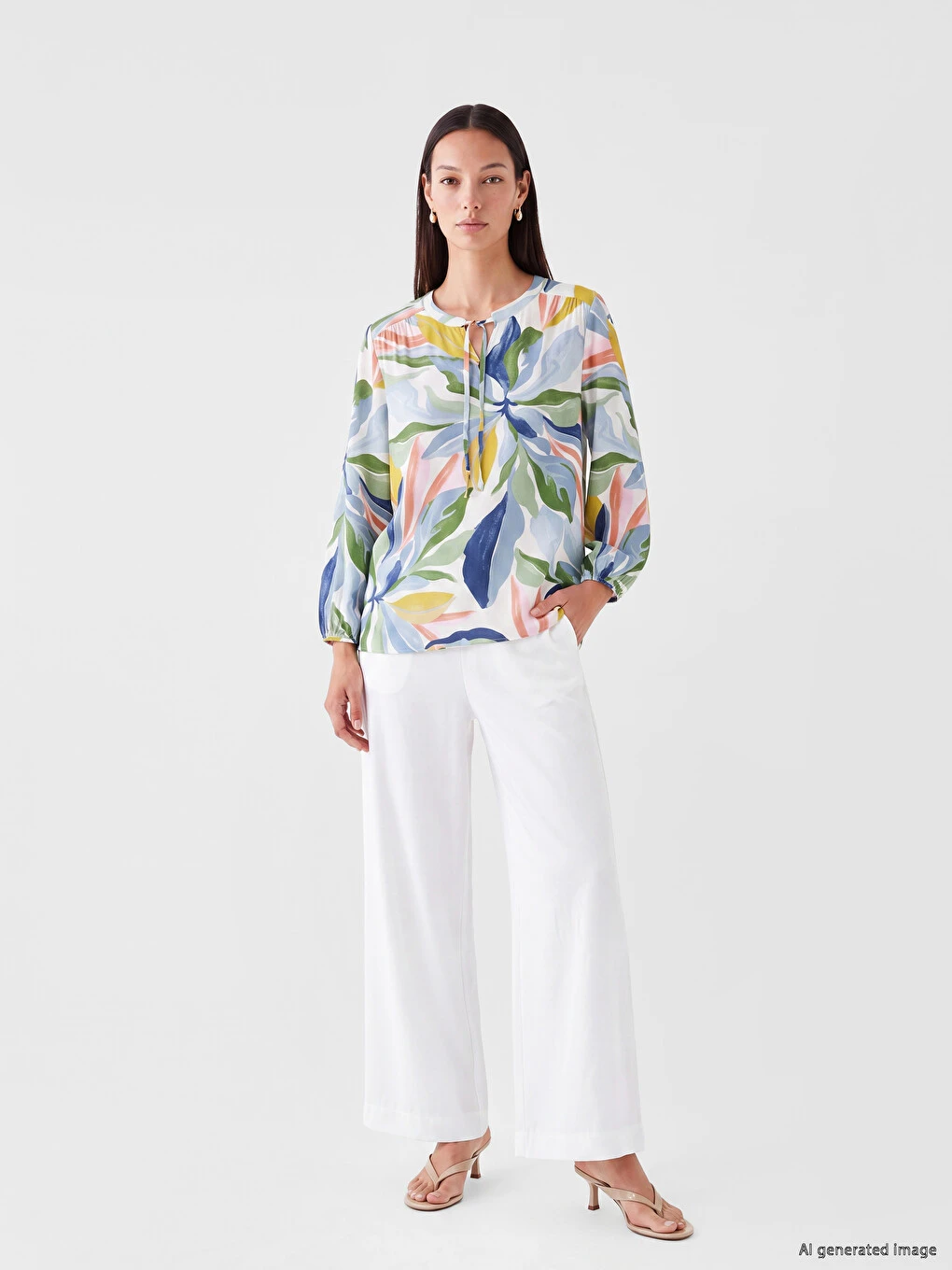 LCW EVERYDAY Bluza Sa Cvetnim Dezenom Sa Kragnom Na Vezanje I Naborima