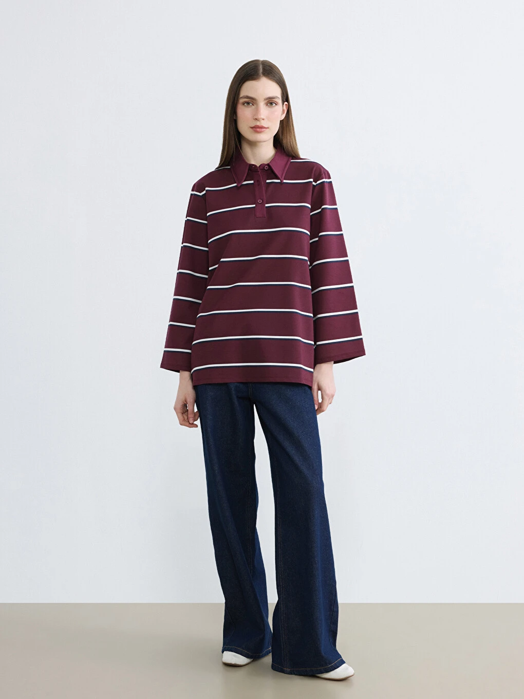 LCW Modest Ženska Prugasta Oversize Tunika Sa Polo Kragnom