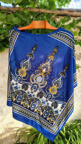 Y2K retro plava paisley asimetrična haljina