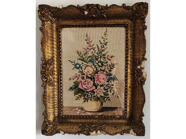 Veliki cvetni goblen u raskošnom ramu 63x52 cm