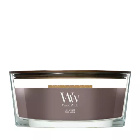 Iris Woods - ovalna Wood Wick (topli začini, orris, cashmere, amber, kedar)