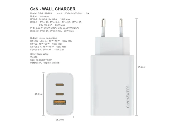 Zidni punjac FULMOVA GAN PD25Wbela sa USB-C kablom ( AHDSC1229 )