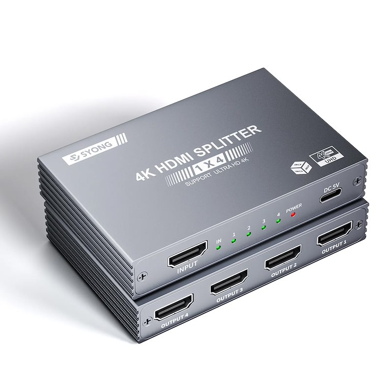 SYONG 4K HDMI splitter 1×4 za četri ekrana aluminijumsko kućište Plug & Play