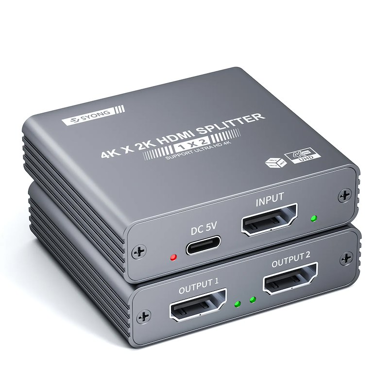 SYONG 4K HDMI splitter 1×2 za dva ekrana aluminijumsko kućište Plug & Play