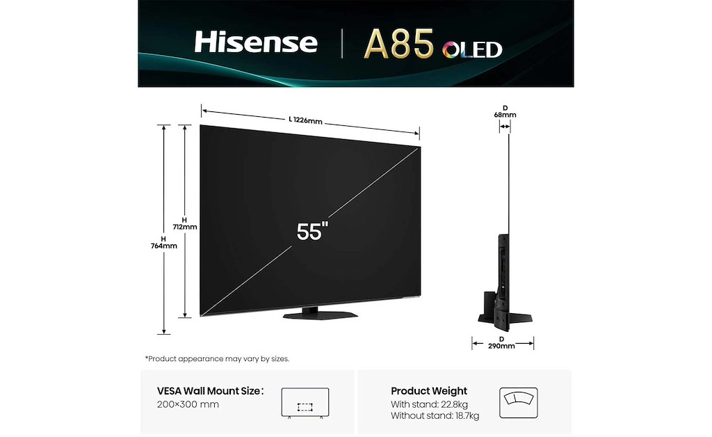 Hisense 55A85Q (55"/139cm) 4K UHD OLED 120Hz Gaming VIDAA Smart TV