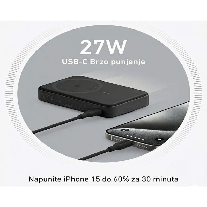 ANKER MagGo 10000mAh, 27W, bežični power bank, crni