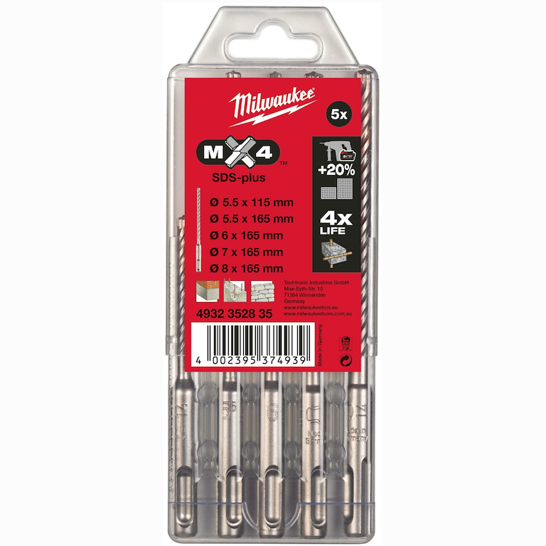 Milwaukee – Set burgija za beton, SDS-Plus MX4, 4 -rezna, 5,5 – 8 mm – 4932352835