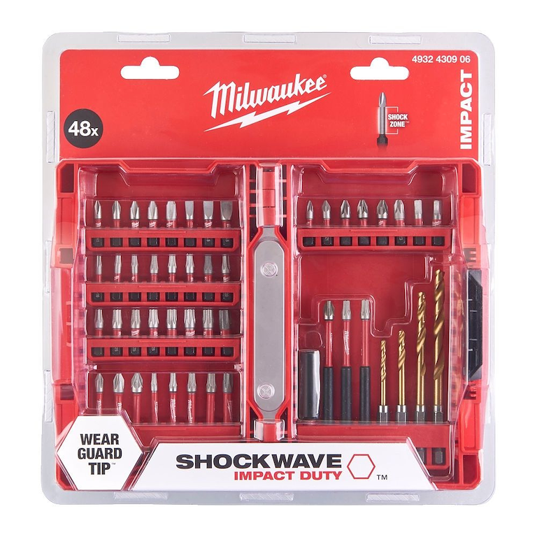 Milwaukee – Set udarnih bitova, PH1 – PH3, PZ1 – PZ3, T10 – T40, Hex 4 mm – 5 mm, Shockwave, 48 kom – 4932430906