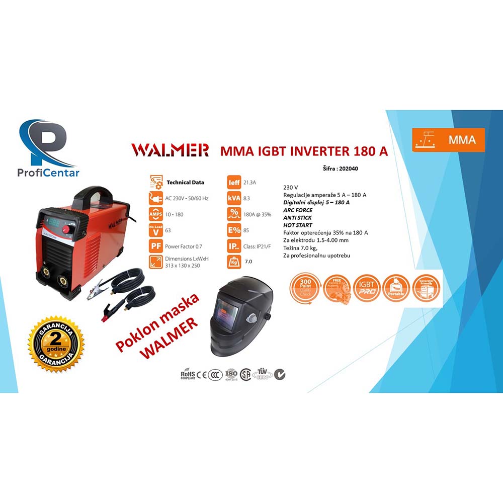 Walmer Aparat za varenje WALMER IGBT MMA Inverter 180 A, 202040