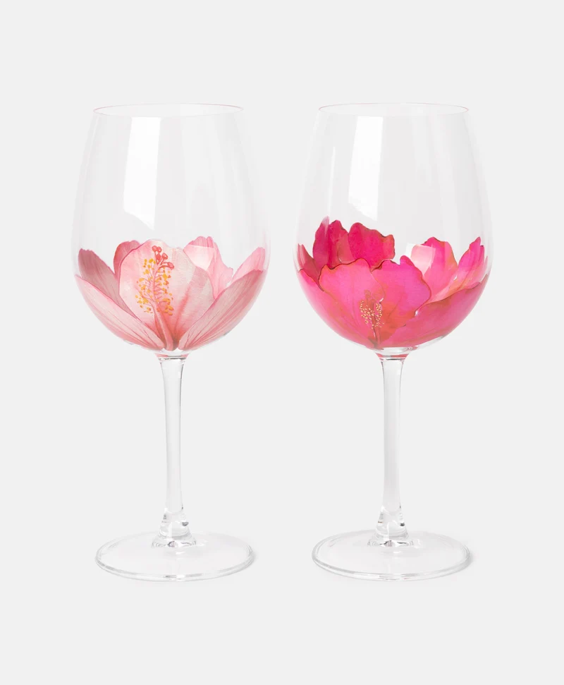 Set od dve staklene vinske čaše sa cvetom hibiskusa 570 ml