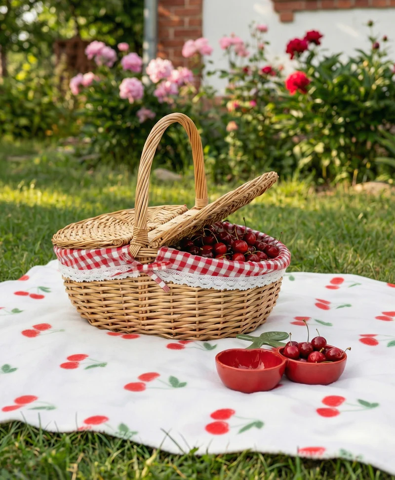 Velika pletena korpa za piknik sa kariranom postavom