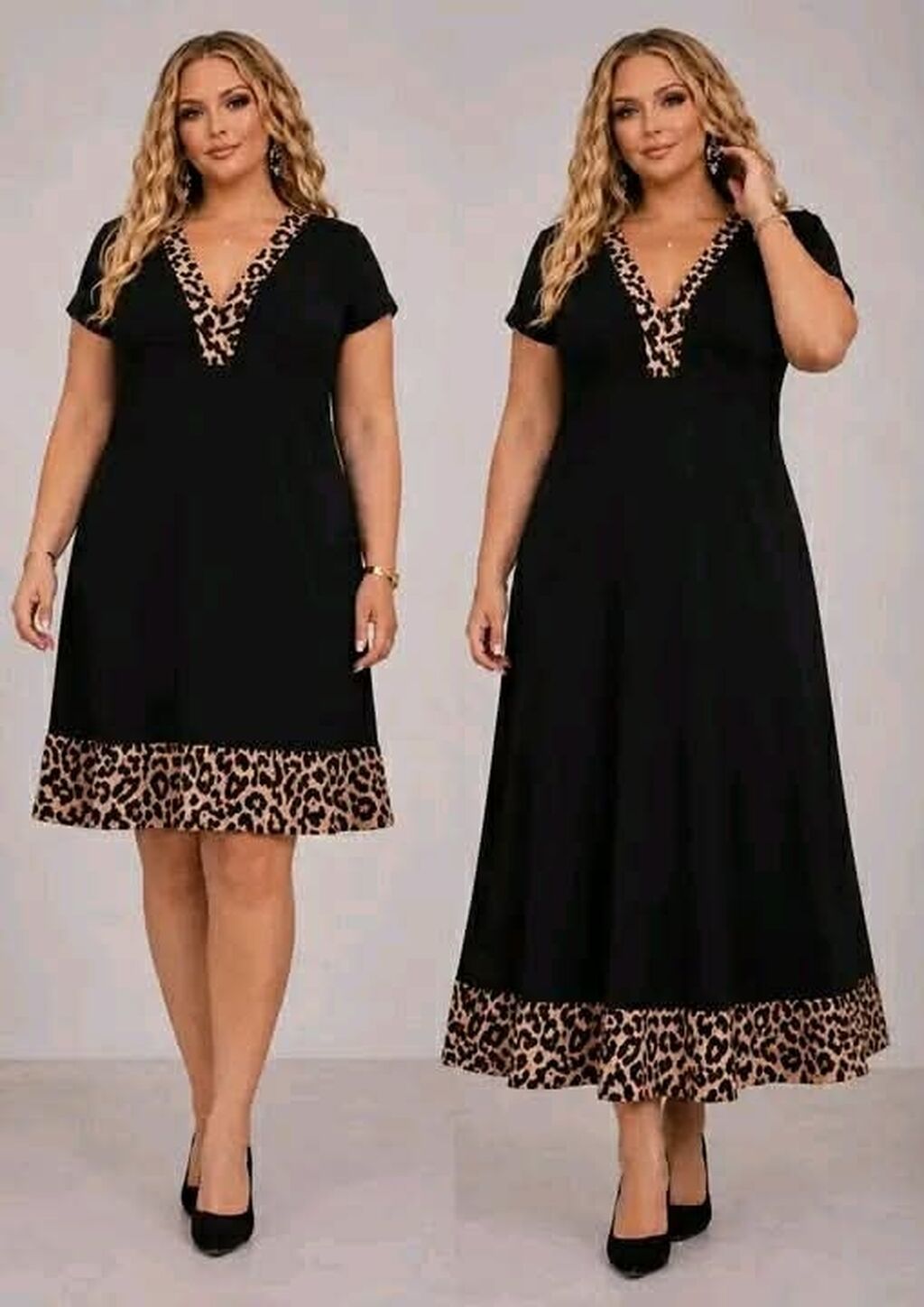 Haljina crna sa animal print detaljima za punije dame. - Model: A-kroj