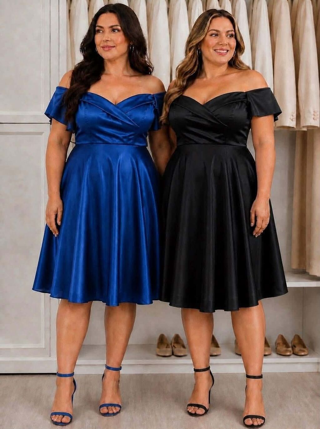 Elegantna midi haljina sa spuštenim ramenima - Kroj