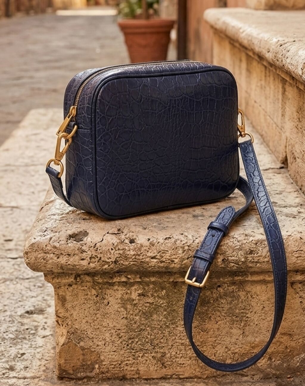 Ženska crossbody torba u tamnoplavoj boji sa teksturom krokodilske
