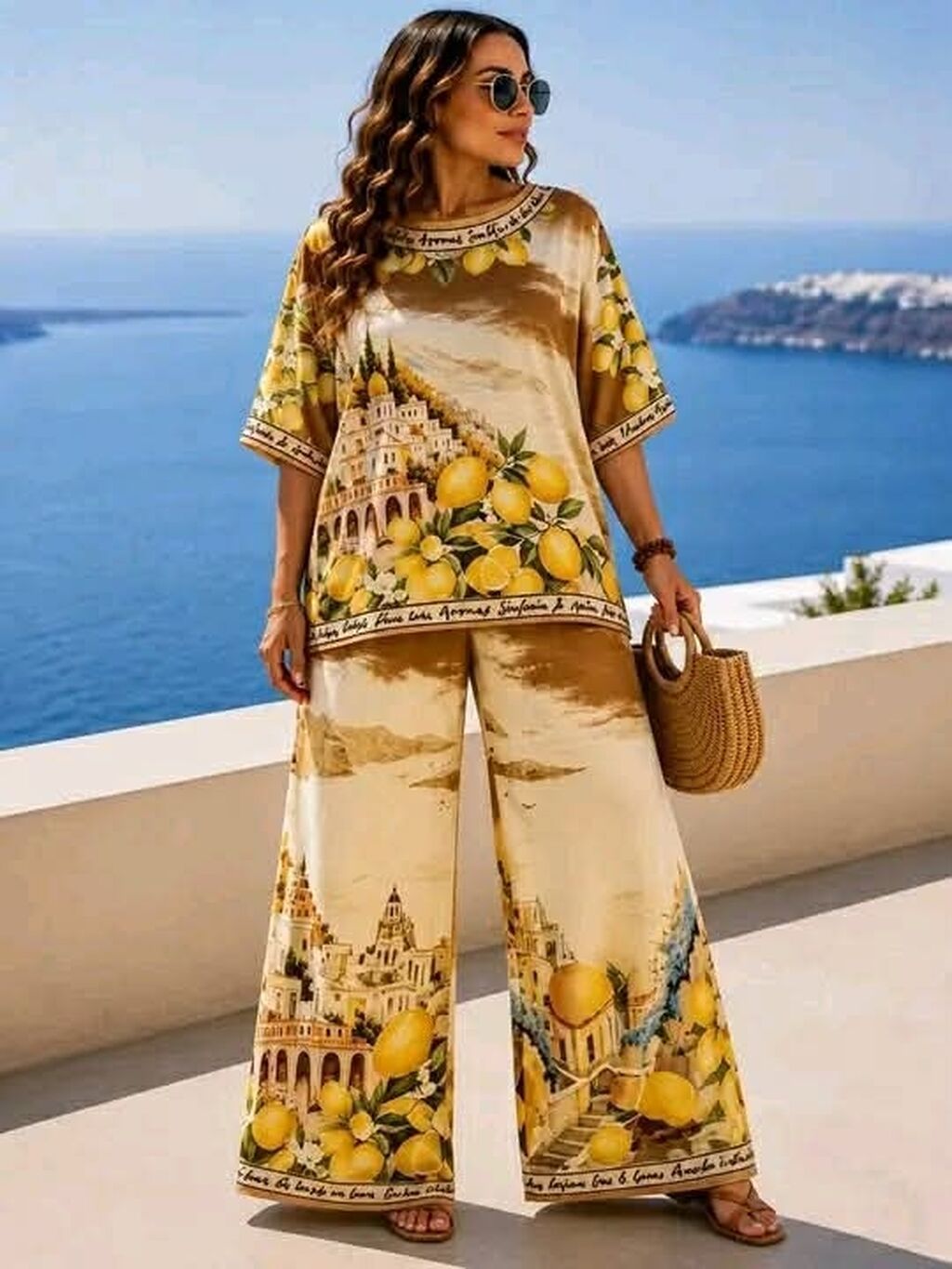Komplet tunika i pantalone sa mediteranskim printom. -Ravna,šira