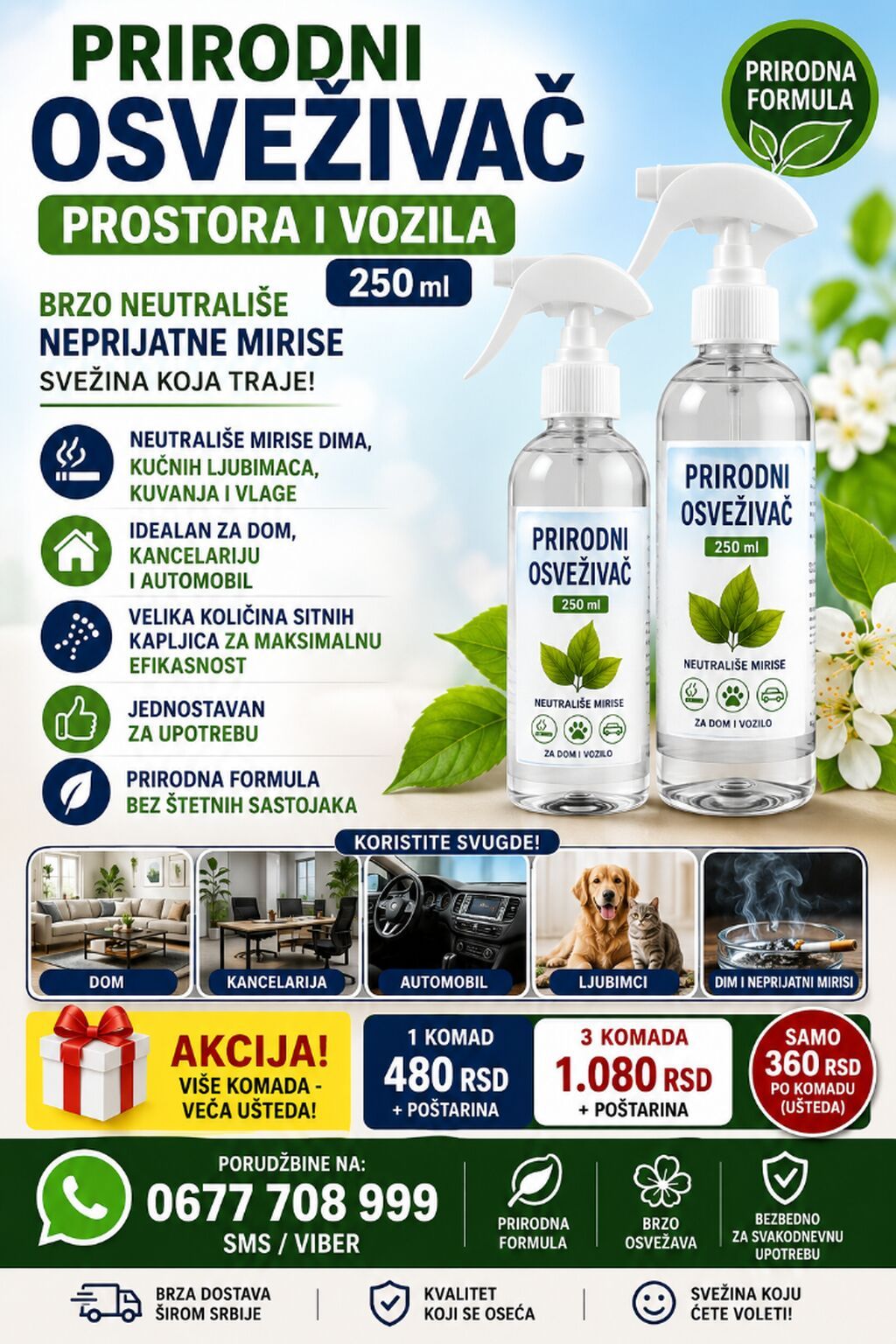    PRIRODNI OSVEŽIVAČ PROSTORA I VOZILA – 250 ml ✅ Brzo neutrališe
