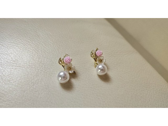 Pink rose enamel shell flower drop minđuse, novo