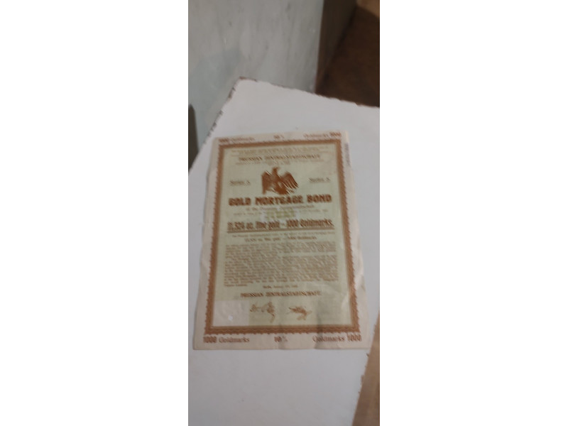 PRUSIJA 1000 GOLDMARK OBVEZNICA ORIGINAL