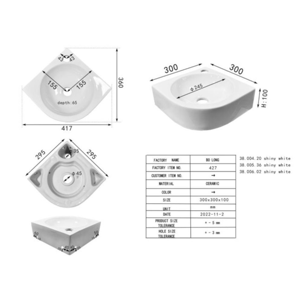 Lavabo keramički ugaoni cleo 30 × 30 × 10 cm beli kompaktni